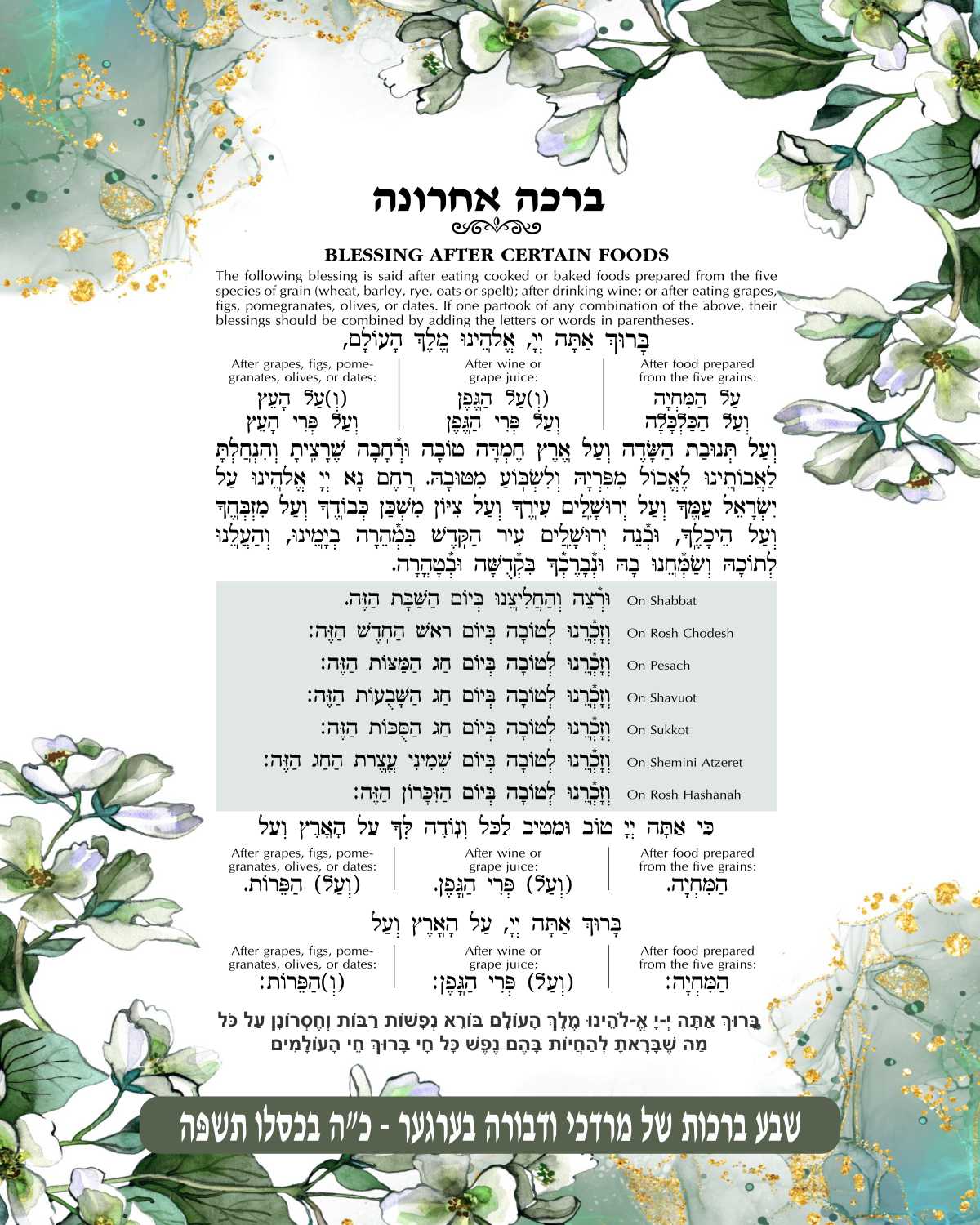 Pastel Foliage Birkat Achrona - Blessing After a Meal